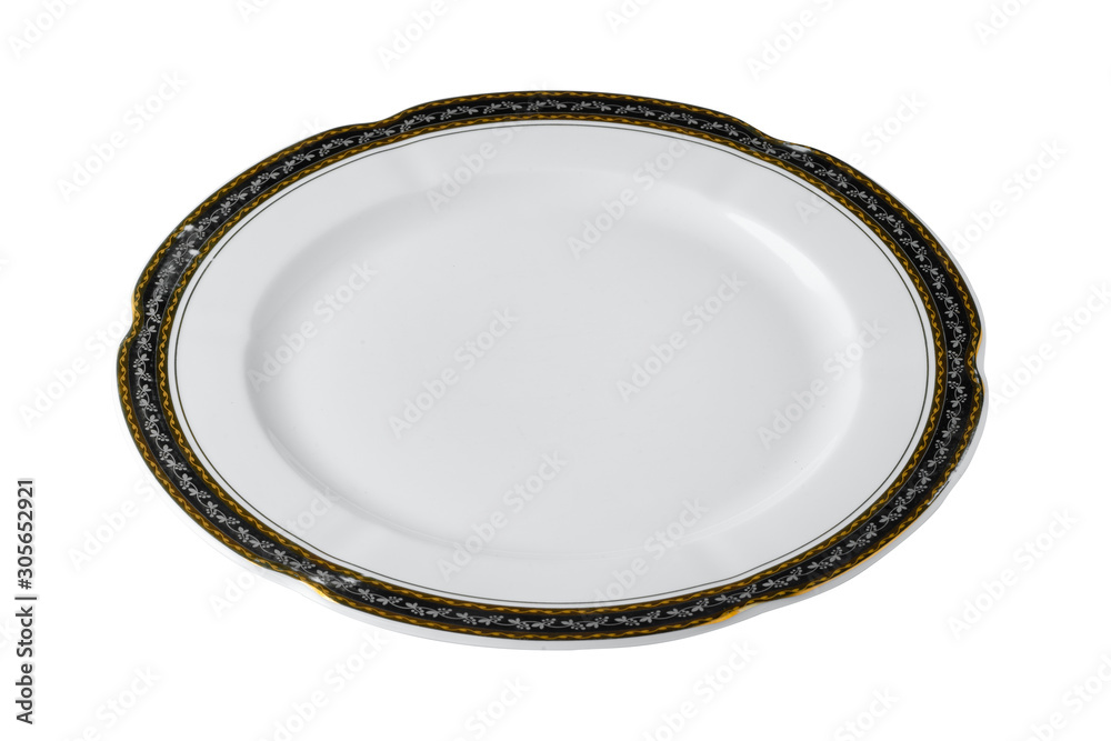 White ceramic table plate with golden border isolated on white ...
