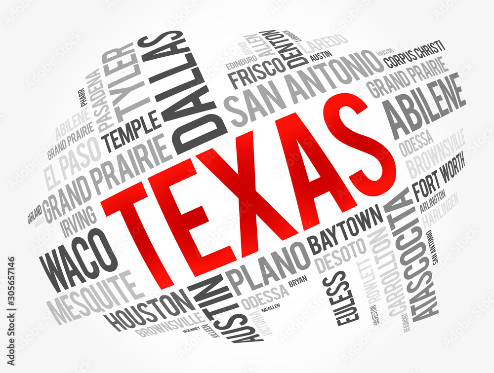 List of cities in Texas USA state word cloud, concept background Stock ...