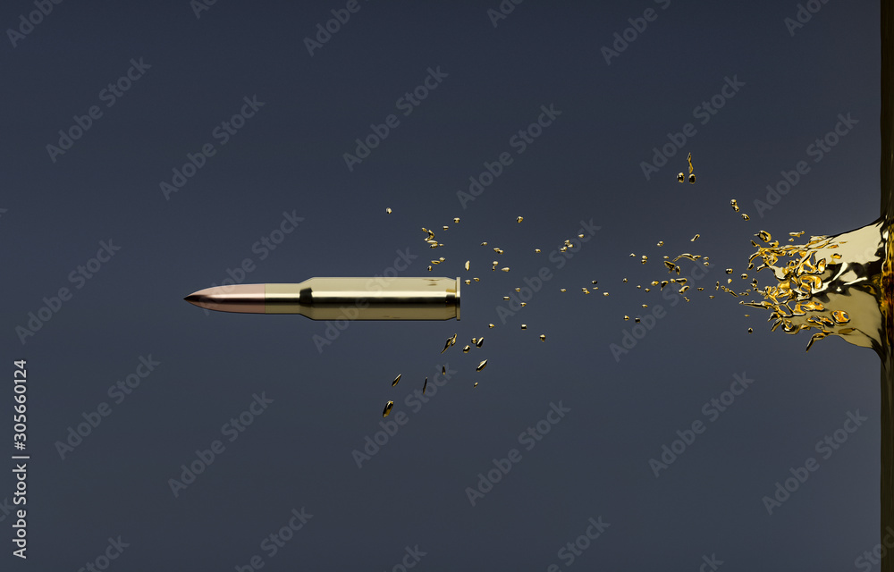 Bullet, shell flies through splash. 3d illustration render. Shooting ...