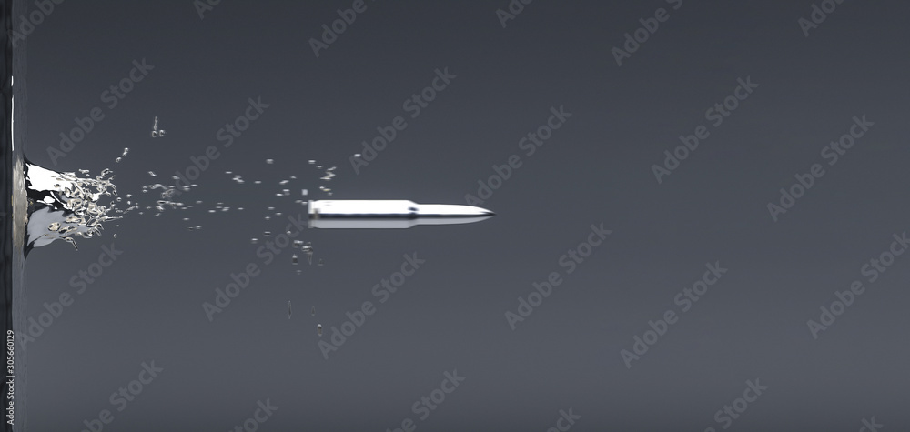 Bullet, shell flies through splash. 3d illustration render. Shooting ...