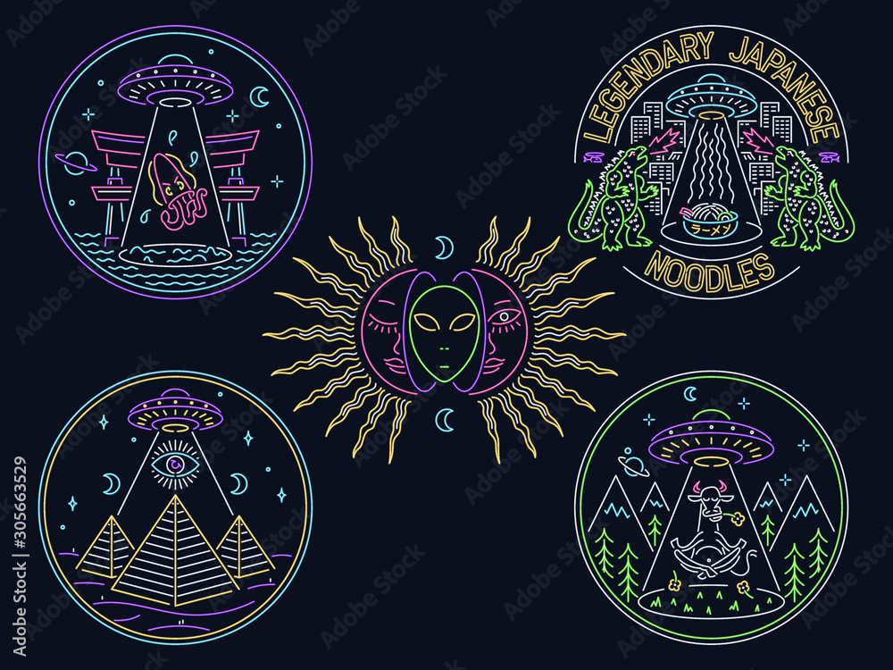 Set of Alien and UFO neon signs and illustrations for any use Stock ...