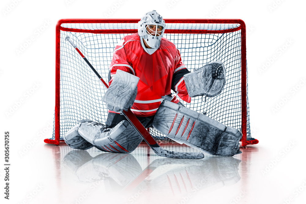 Professional ice hockey goalkeeper or goalie or goaltender isolated on ...