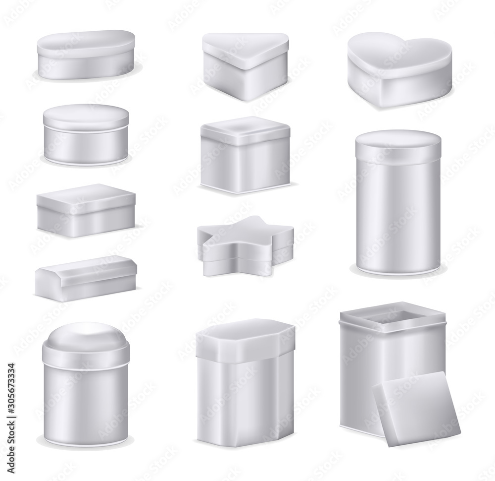 Realistic metal box mockup set. Aluminum containers boxes different ...