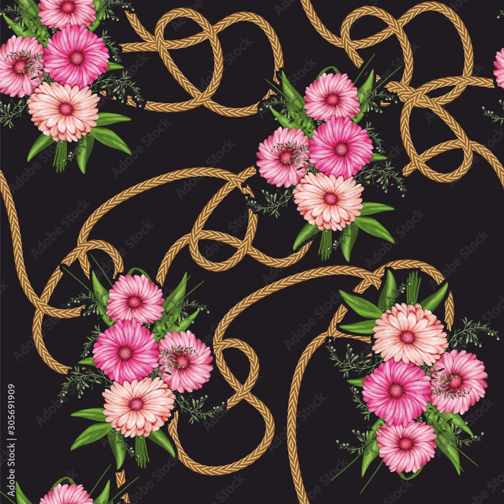 Cute colorful flowers background. Seamless Golden rope isolated on ...