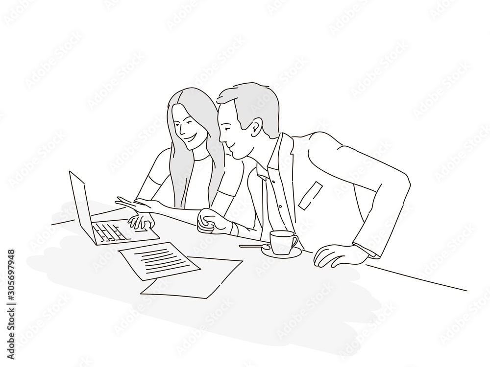 Sketch of business partners discussing documents and ideas at meeting ...