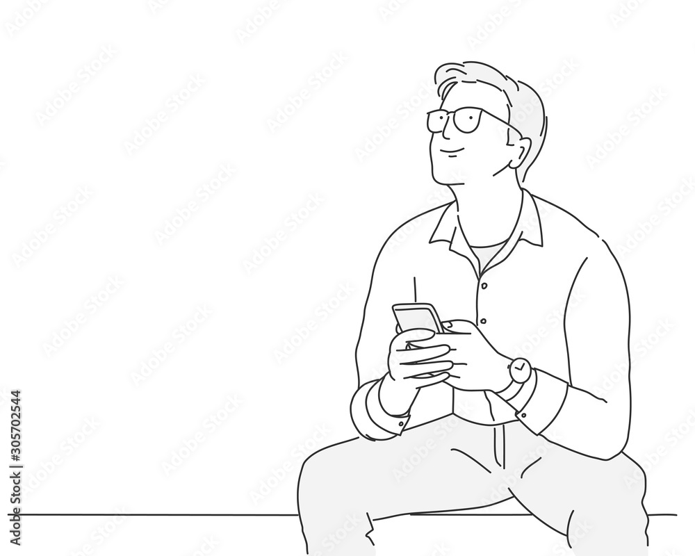 Sketch of business man with mobile phone. Line drawing vector ...