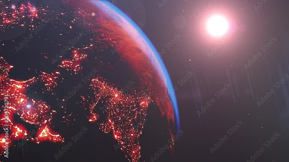 Beautiful sunrise world skyline animation. Planet earth rotates in ...