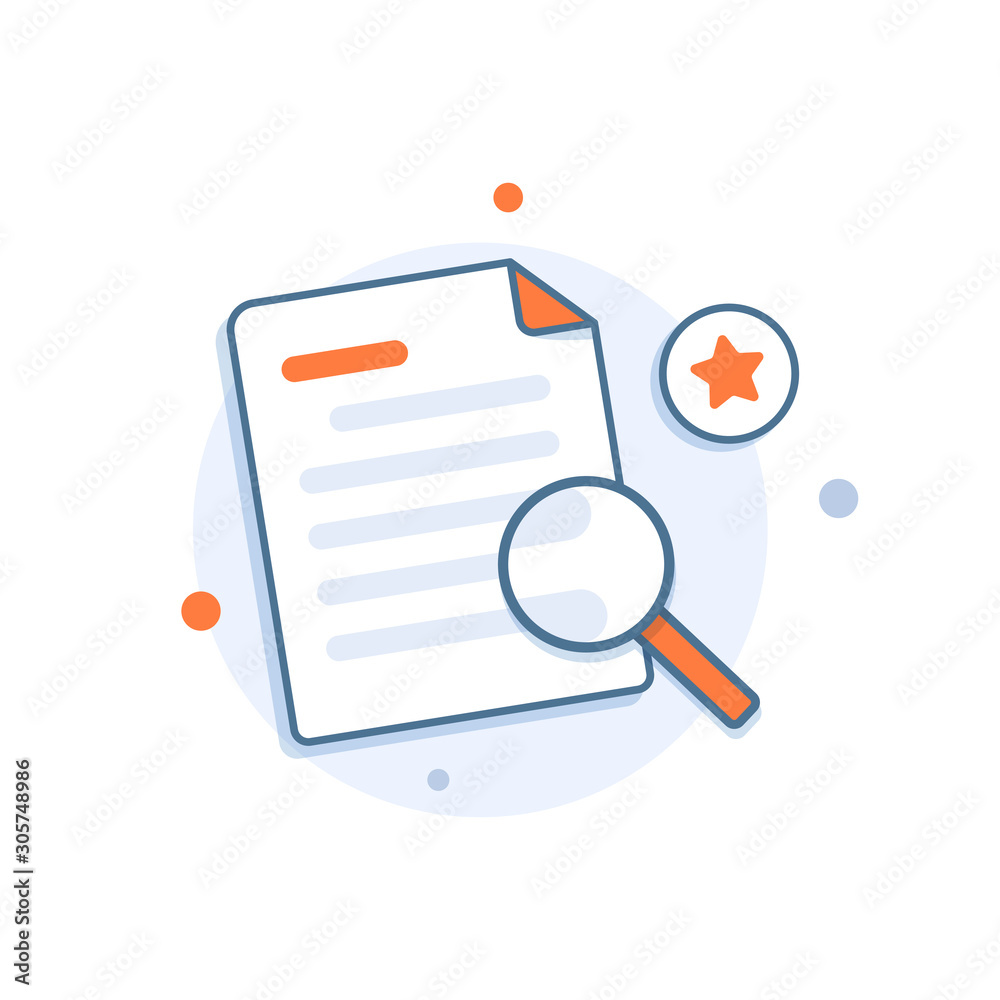 Documents icon and magnifying glass. Confirmed or approved document ...