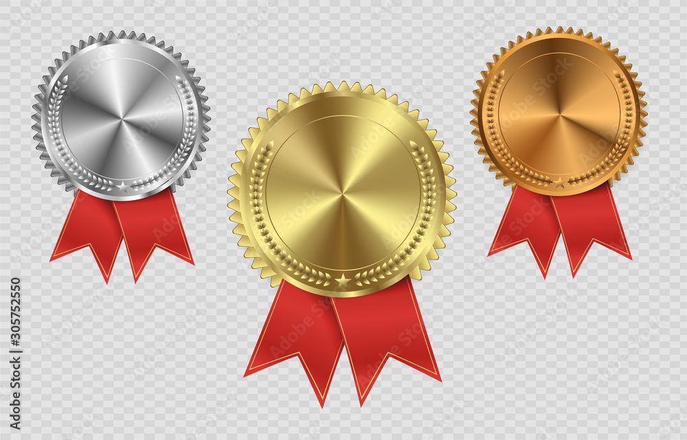 Champion medails with red ribbon. Banner. Winner award competition ...