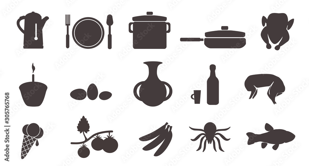 Food icons. Set of flat and isolated symbols for food website. Kitchen ...