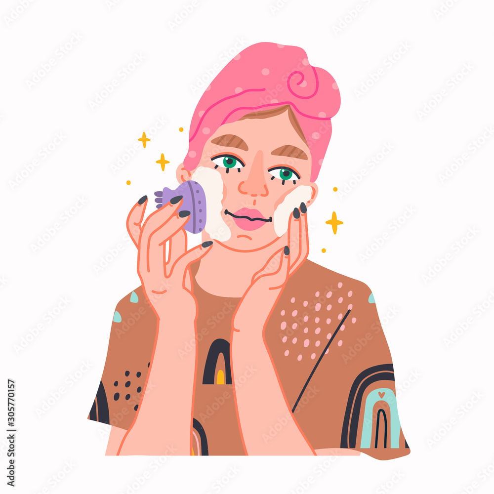 Skin care routine. Beautiful young lady with pink towel turban and ...