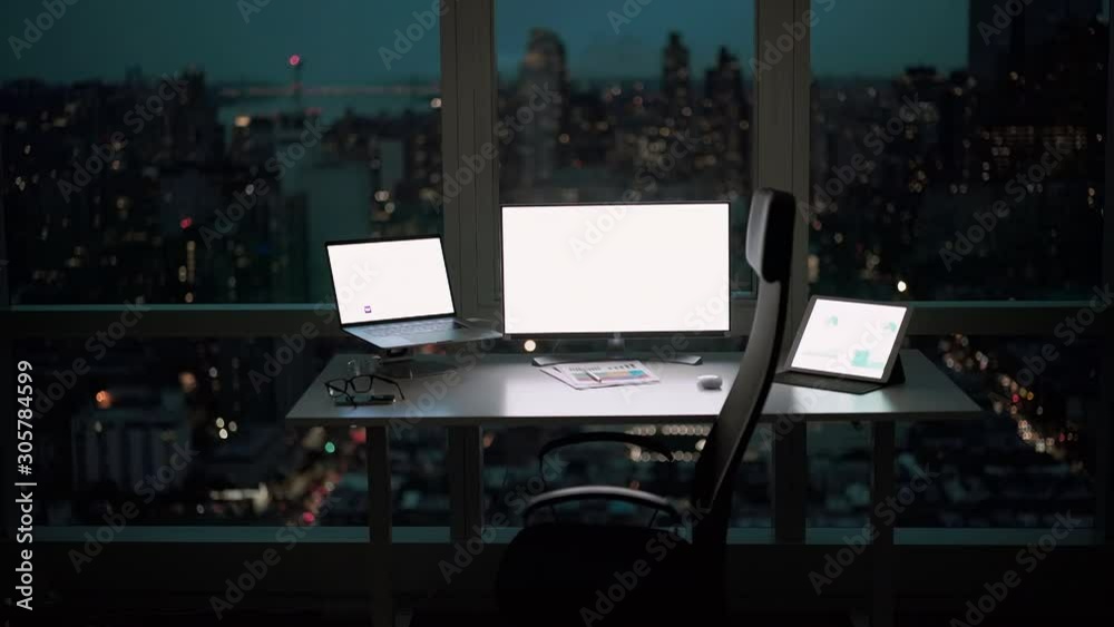 Zoom in on table desktop in office interior of corporate company during ...