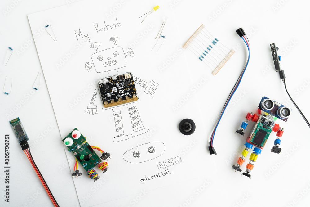 Minsk, Belarus. November, 2019. The BBC robot Micro Bit is near the ...