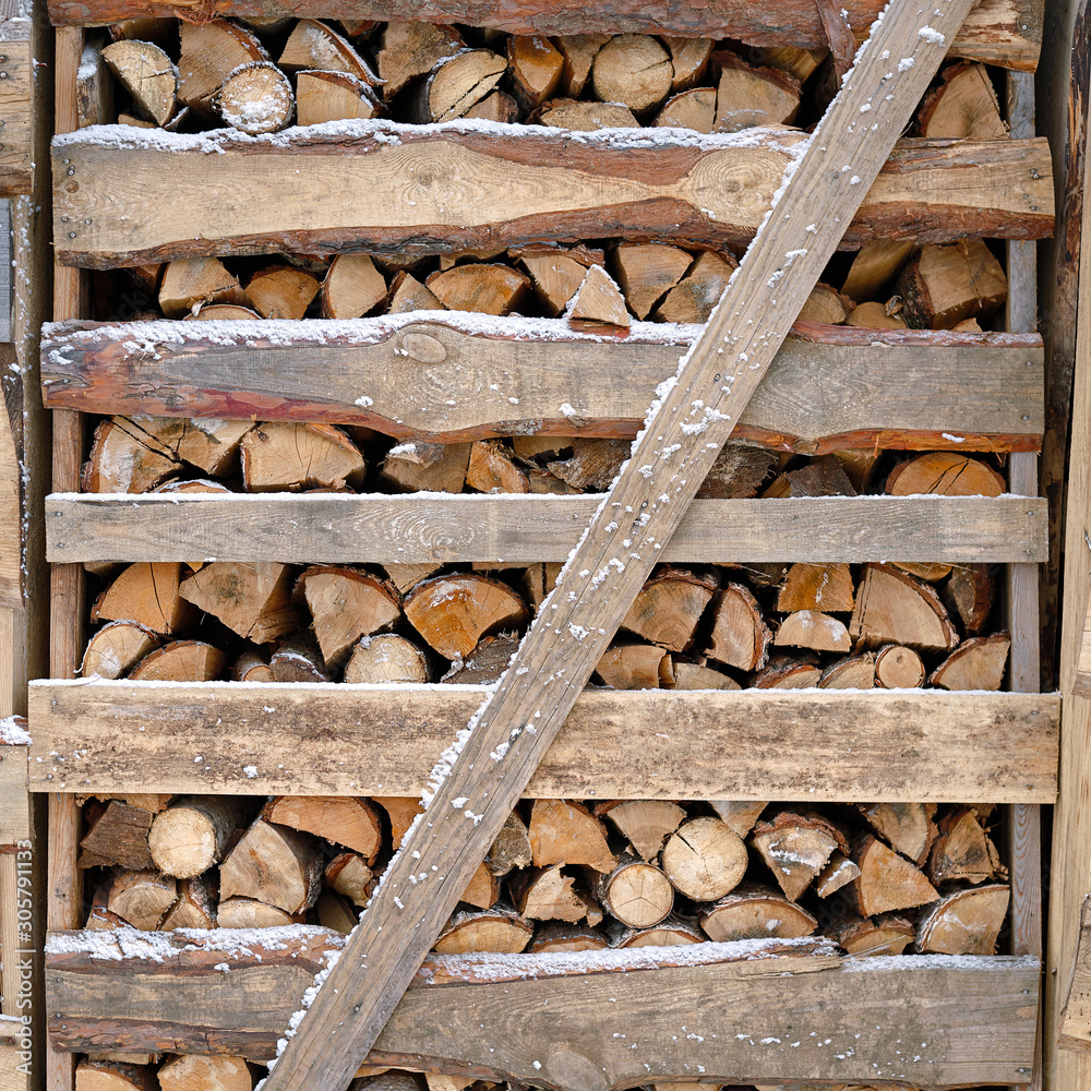 Wood storage stockpile. Stack of chopped firewood under the shed ...