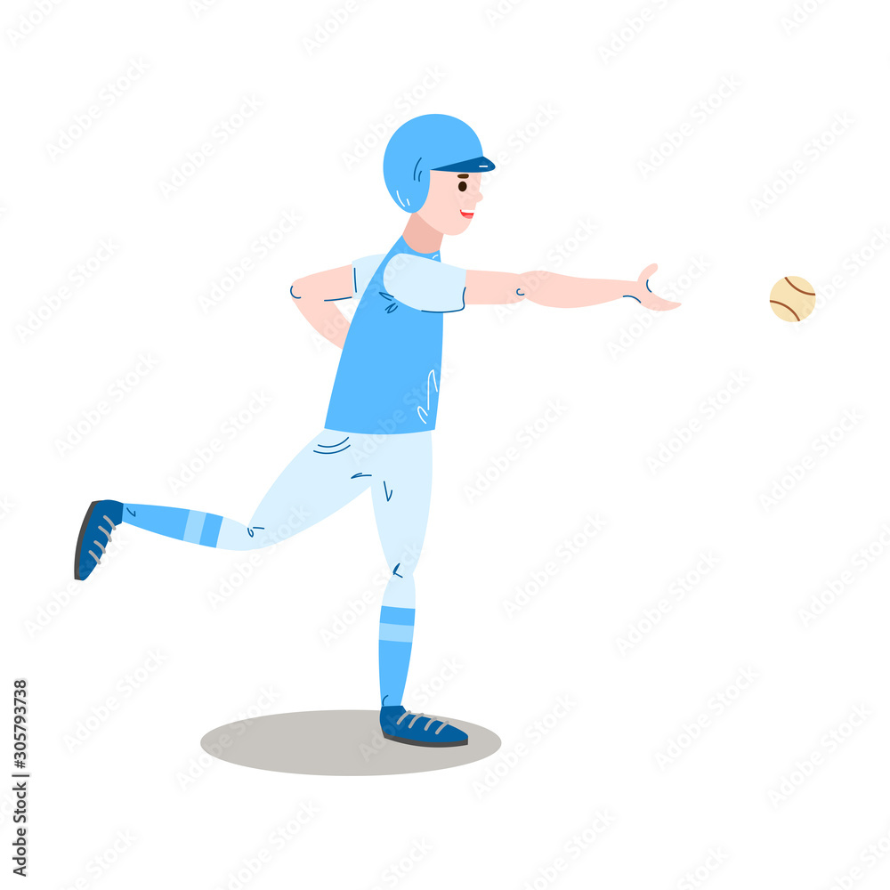 The teenage boy plays baseball in a blue uniform throwing the ball ...