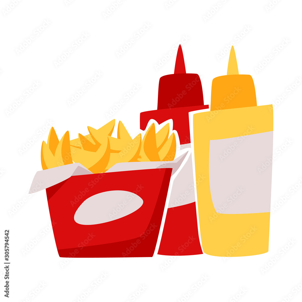 Fried potato. Set of cartoon vector food icons. Ketchup, mustard ...