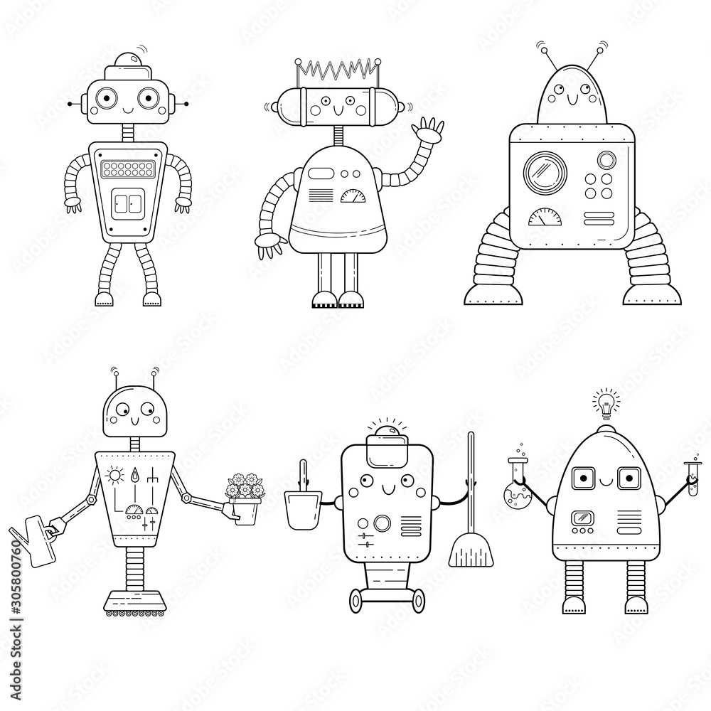 Coloring page outline of cartoon robots. Vector set for kids. Stock ...