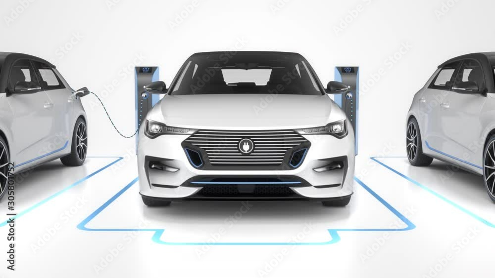Seamless looping row of white modern electric self driving cars ...