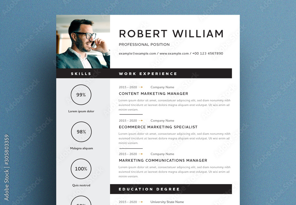 Modern Resume Layout with Skill Panel and Black Accents Stock Template ...