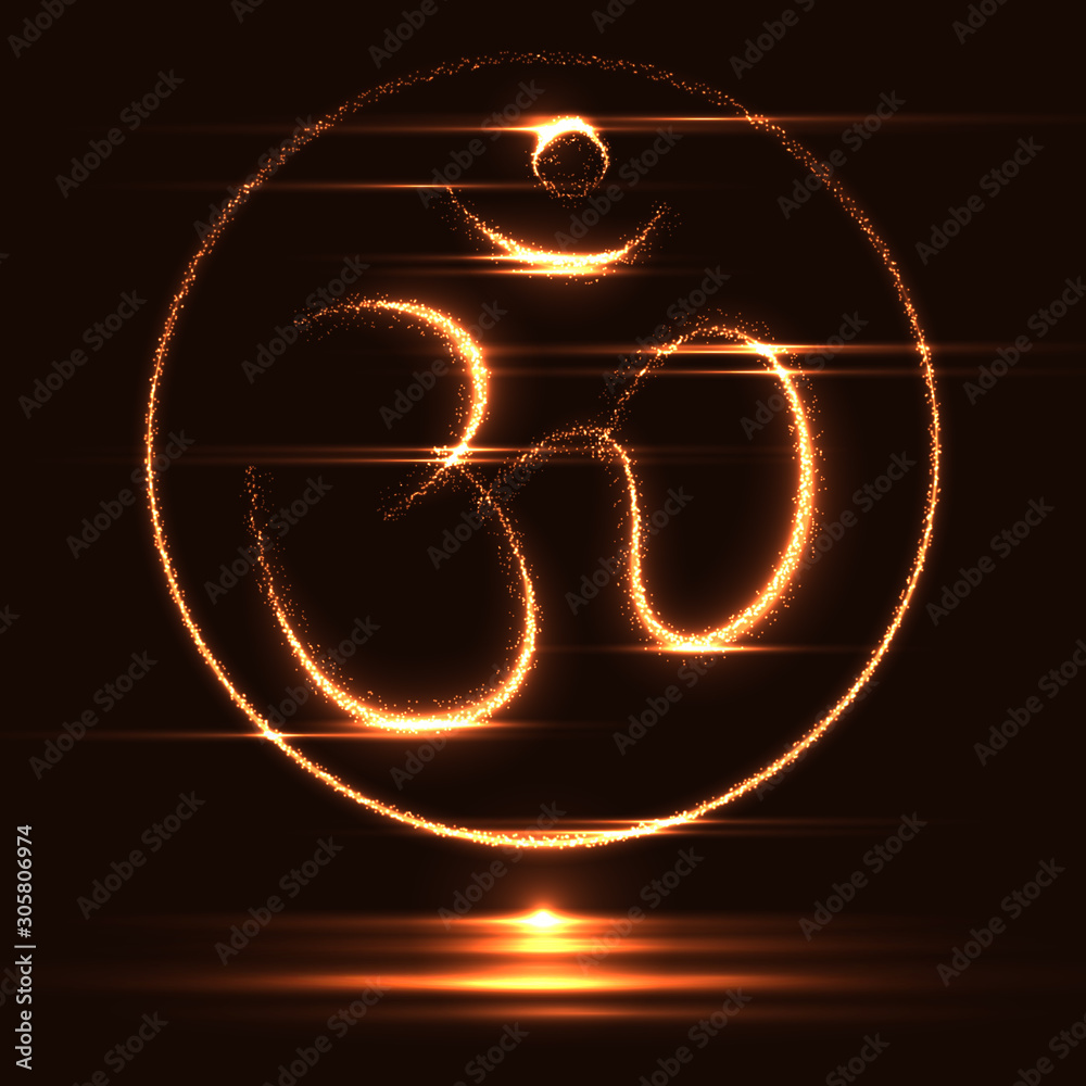 Om symbol icon with glow and glitter in golden color on dark background ...