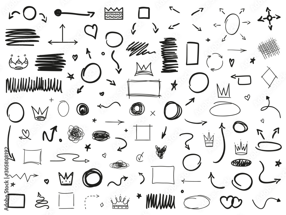 Hand drawn signs on white. Set of different symbols and shapes. Black ...
