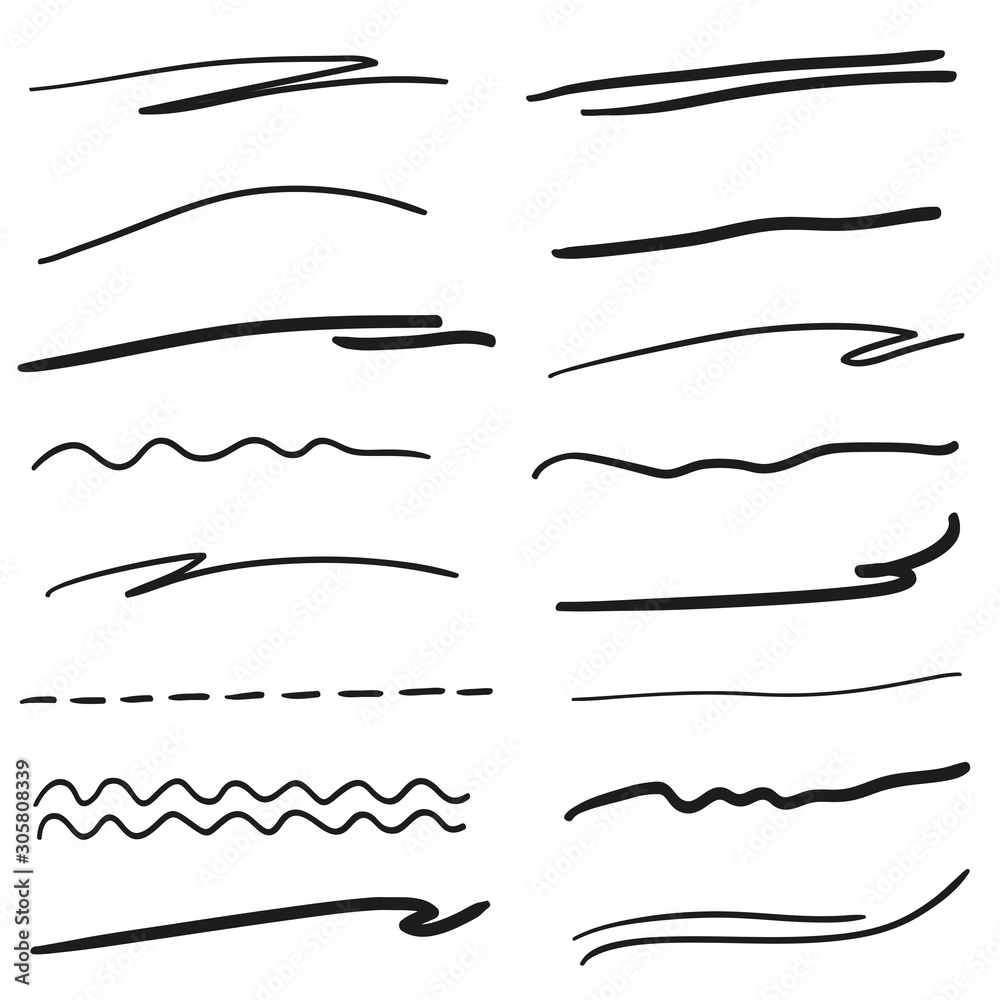 Hand drawn underlines on white. Black and white illustration. Sketchy ...