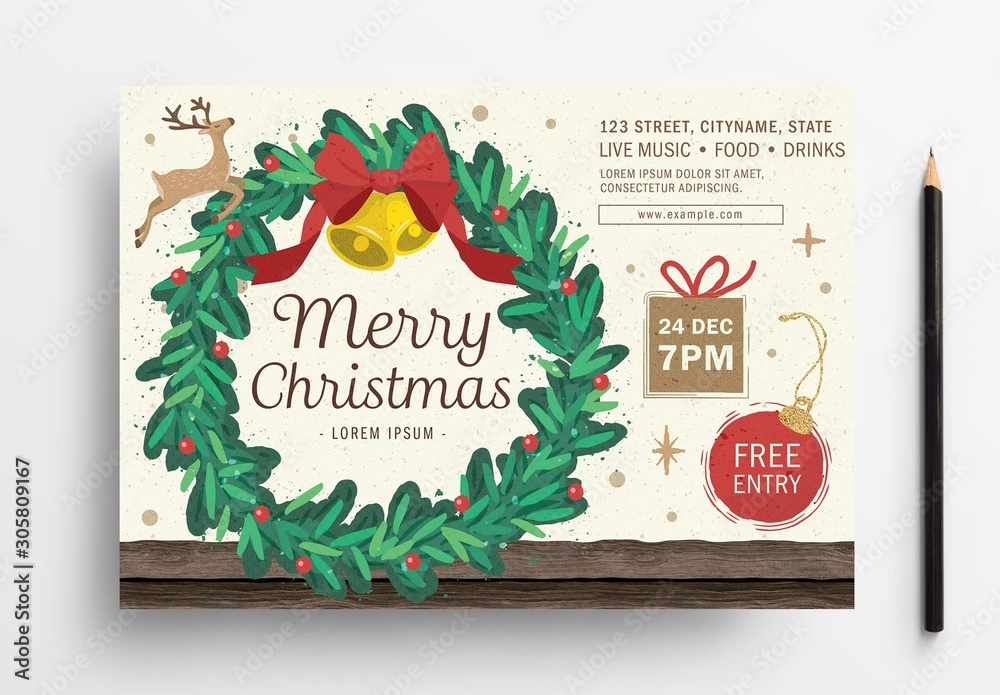 Holiday Event Flyer Layout with Wreath Illustration Stock Template ...