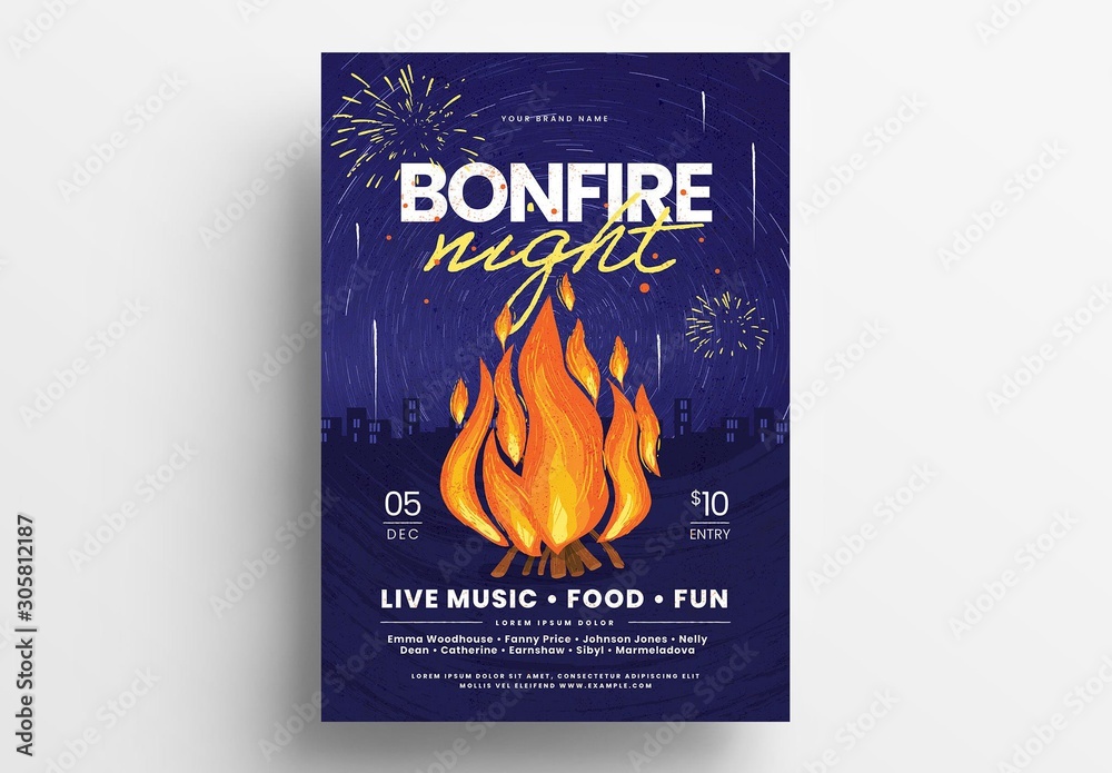 Event Flyer Layout with Bonfire Illustrations Stock Template | Adobe Stock