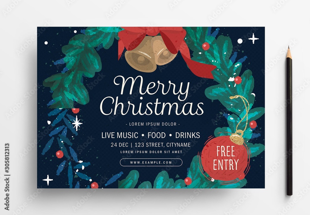 Holiday Event Flyer Layout with Wreath Illustration Stock Template ...