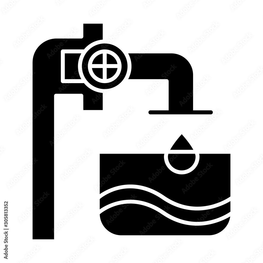 Water industry glyph icon. Blue clear liquid in container. Pipes and ...