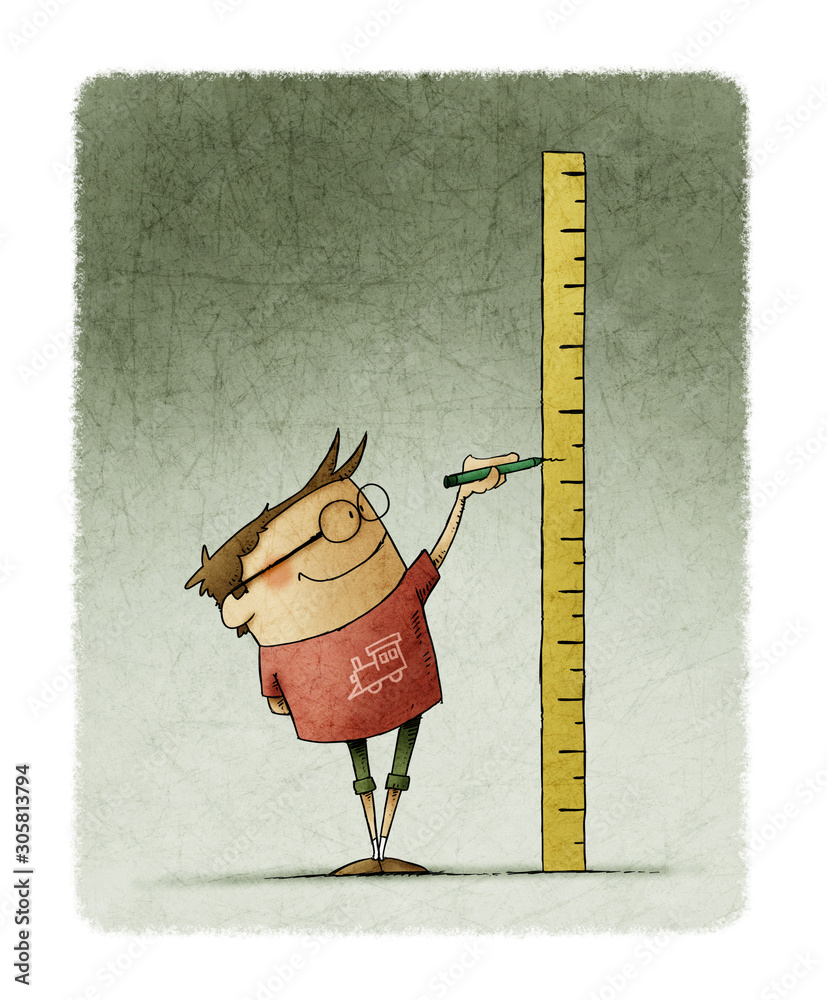 boy with glasses makes a mark on a ruler in which he has measured his ...