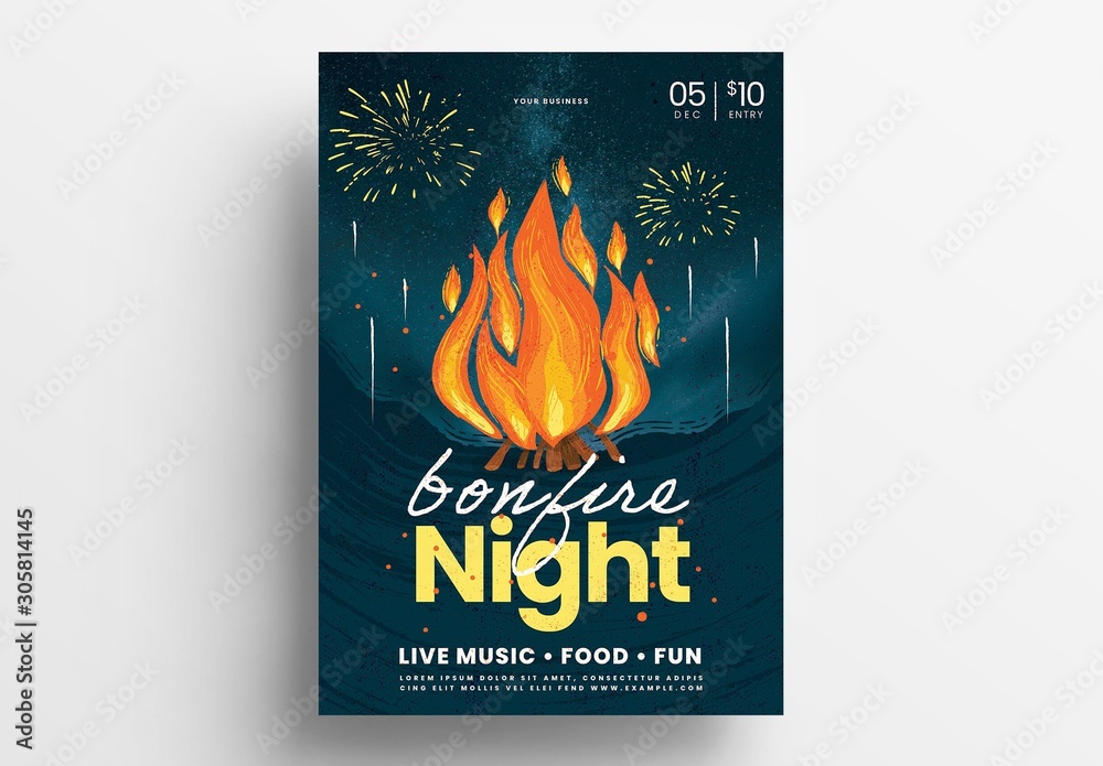 Event Flyer Layout with Bonfire Illustrations Stock Template | Adobe Stock