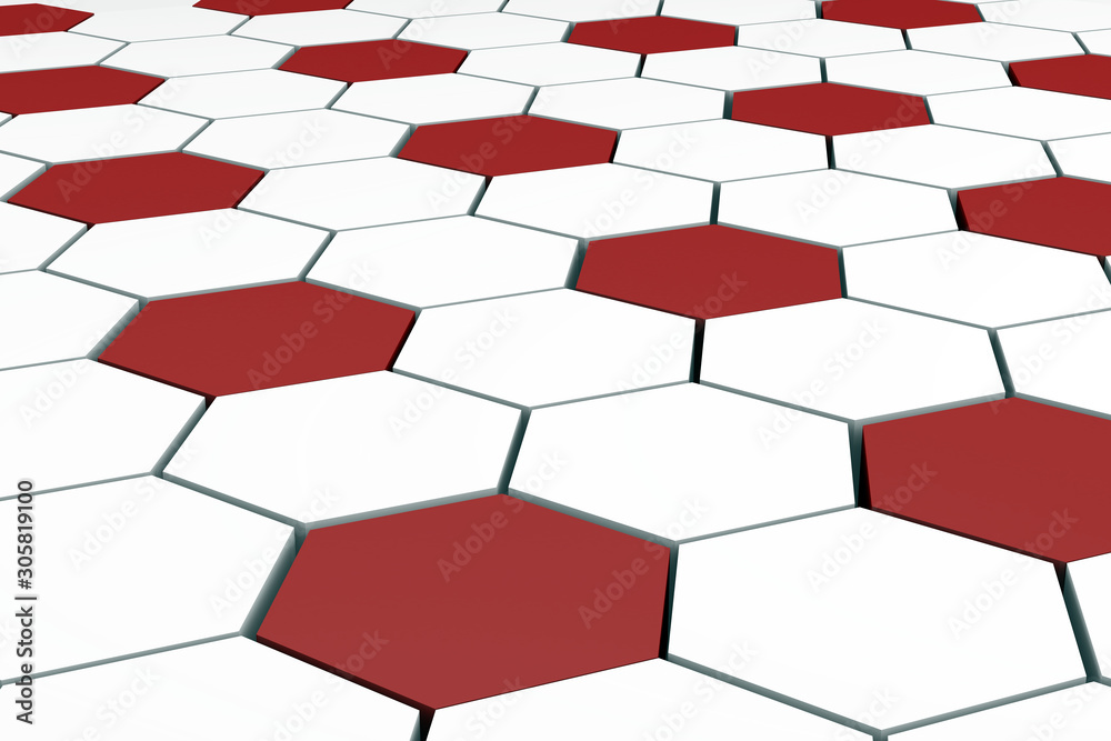 3d rendering of white and red geometric hexagonal abstract background ...