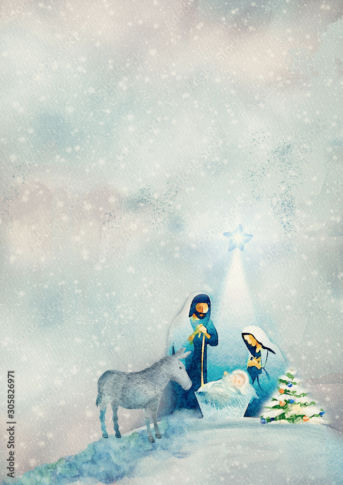 Nativity scene. Merry Christmas watercolor background Stock ...