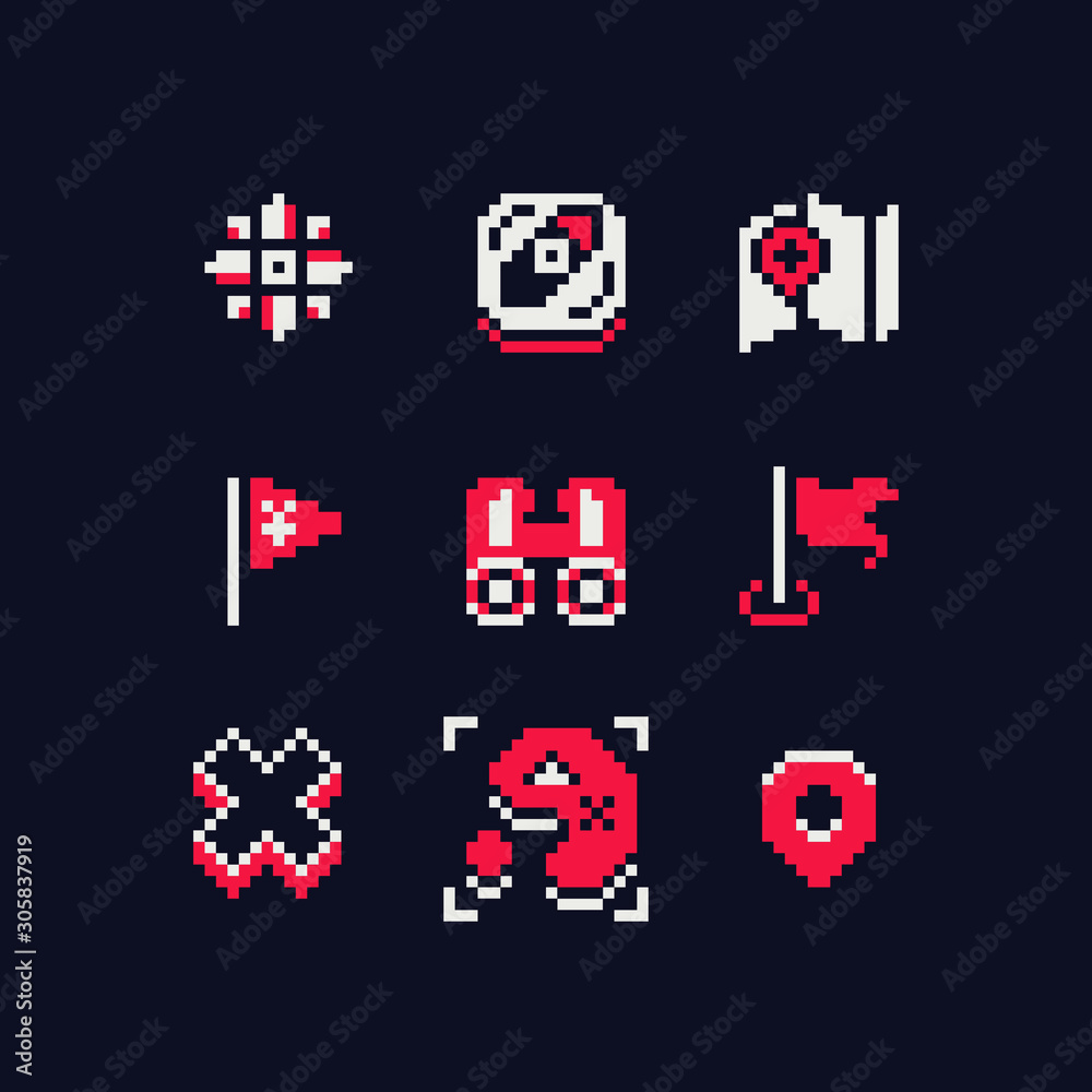 Navigation pixel art icons set, map, pin, binoculars, wind rose ...