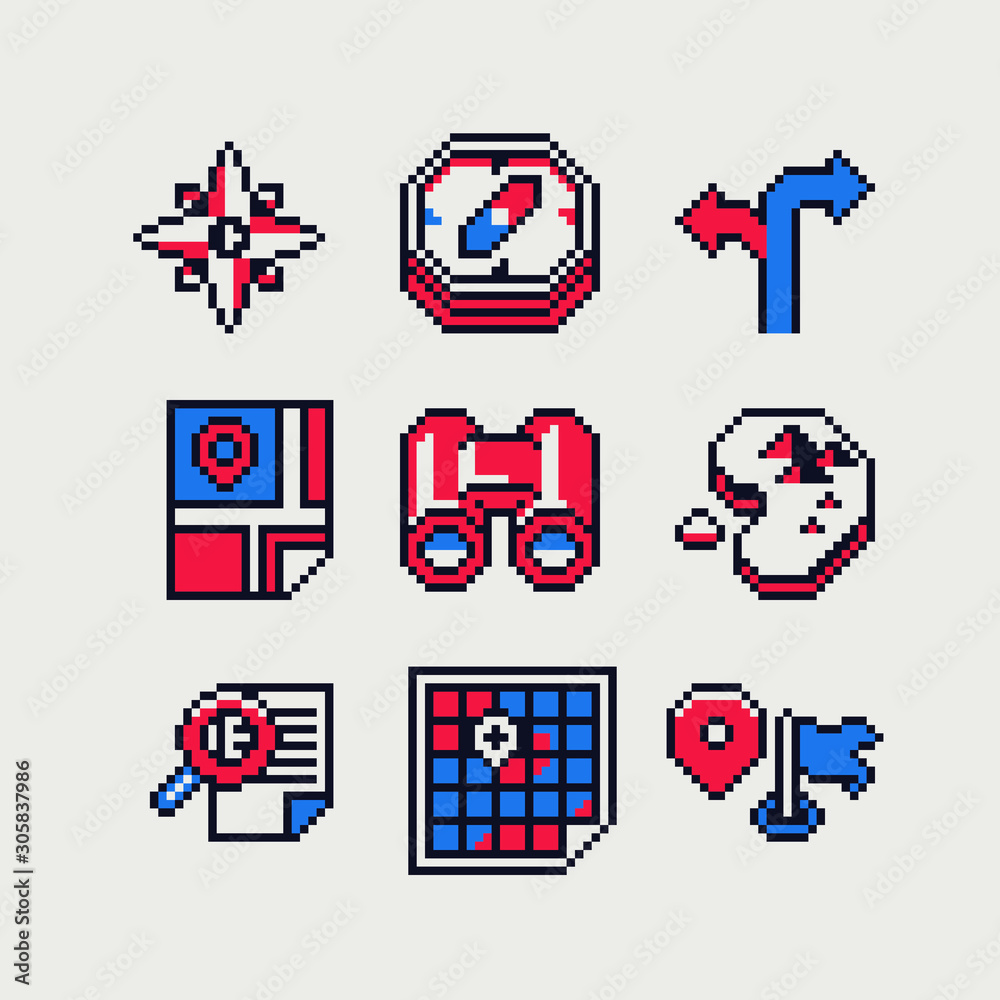 Navigation pixel art icons set, wind rose, map, pin, binoculars ...