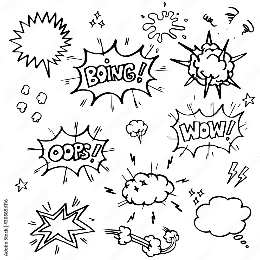 set of hand drawn comic elements. vector doodle comic elements cartoon ...