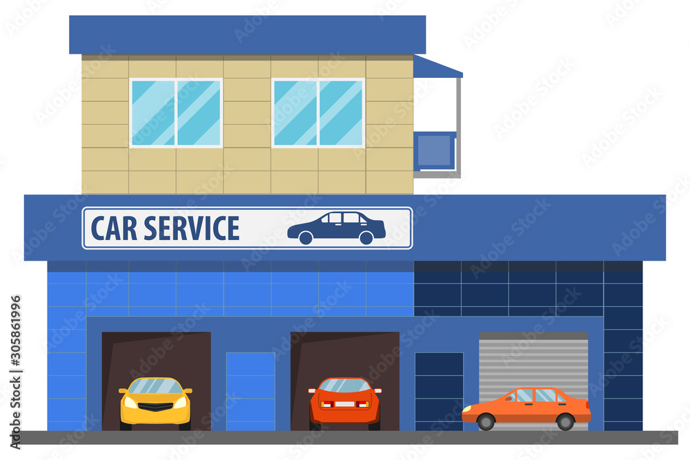 Car service. Car service building with cars under repair. Cartoon ...