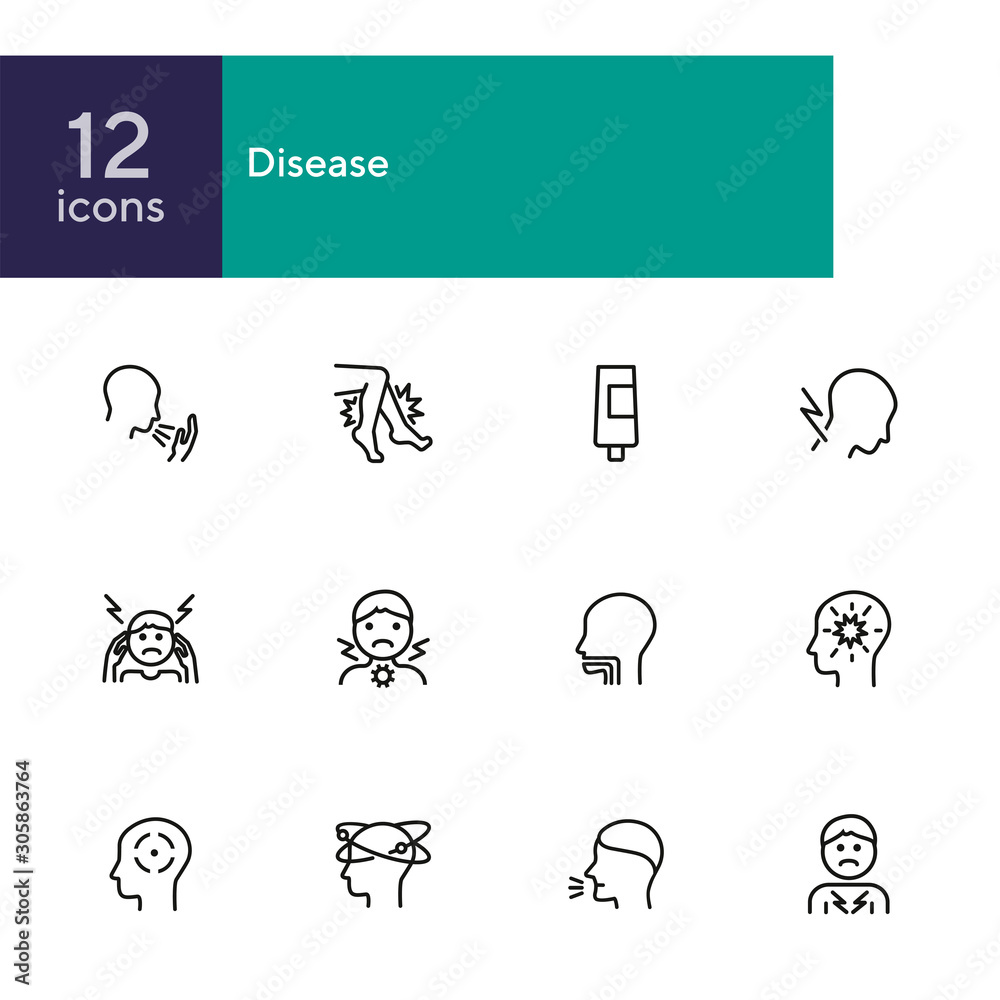 Disease line icon set. Coughing, heavy legs, head ache. Health care ...