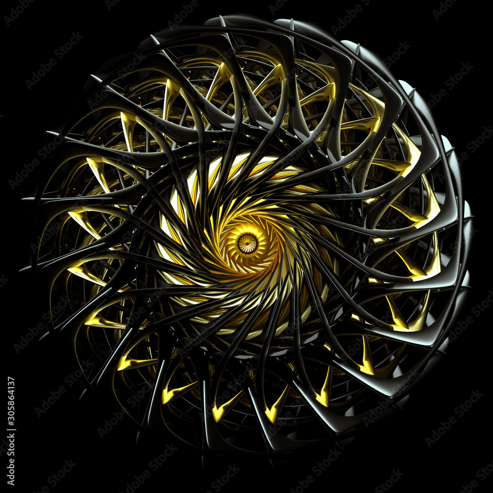 3d render of abstract spiral turbine aircraft engine in gold and black ...