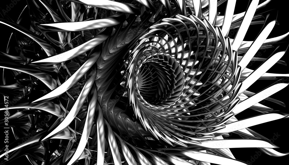 3d render of abstract turbo aircraft engine in stainless steel material ...