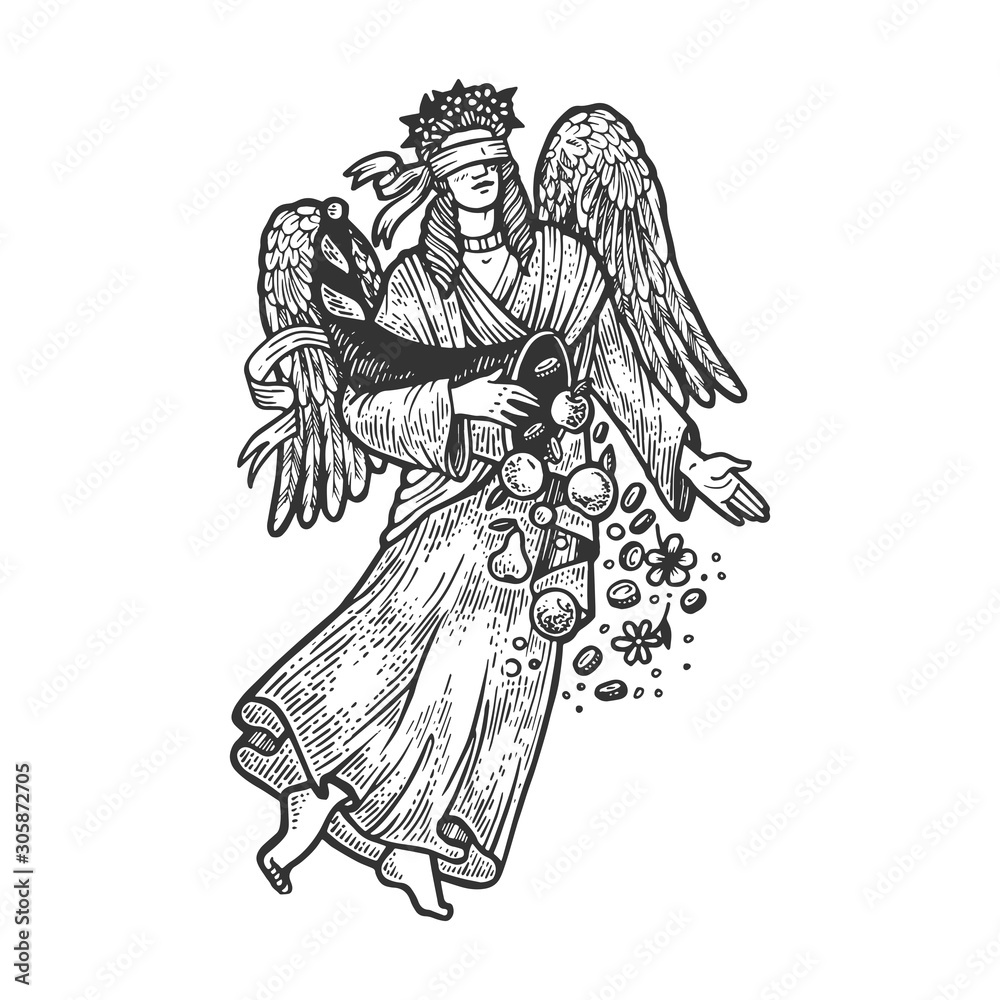 Fortuna ancient Greek goddess sketch engraving vector illustration. T ...