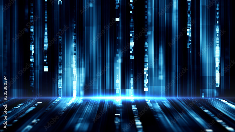 Cyber space concept with the light and particles falling down ...