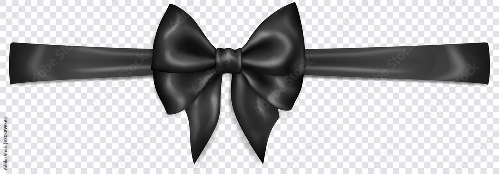 Beautiful black bow with horizontal ribbon with shadow on transparent ...