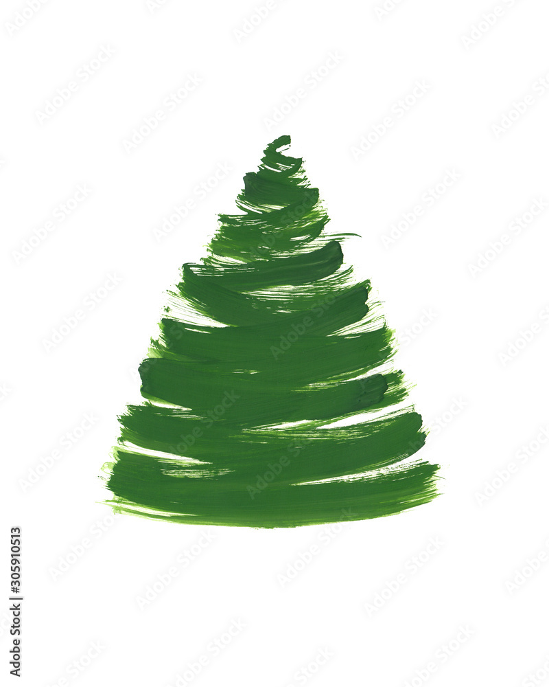 Hand drawn green christmas tree with one big brush stroke. Gouache ...