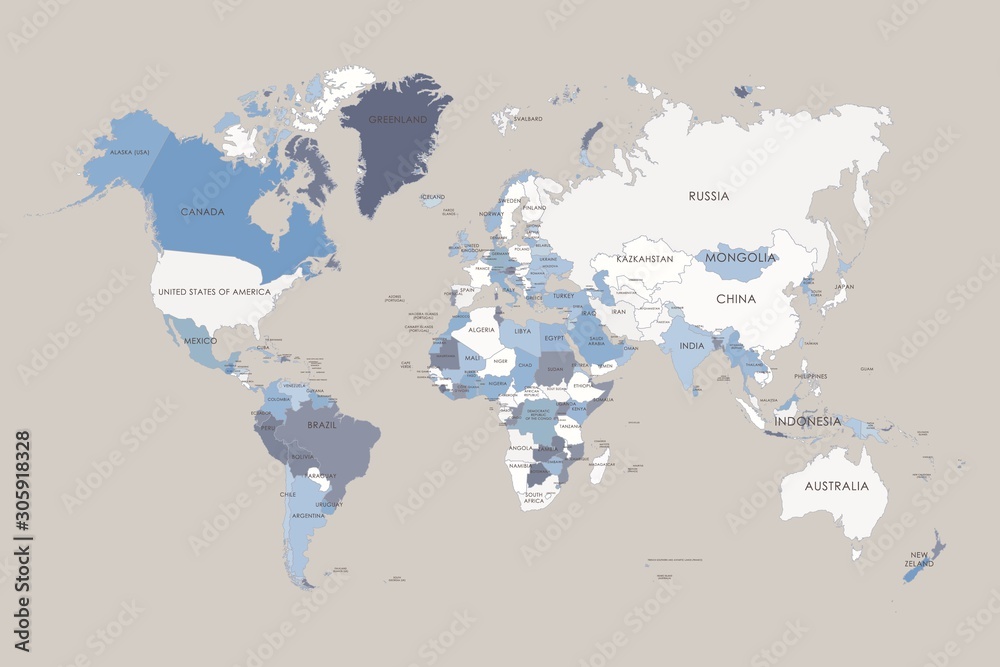 World map in four colors on background. High detail political map with ...