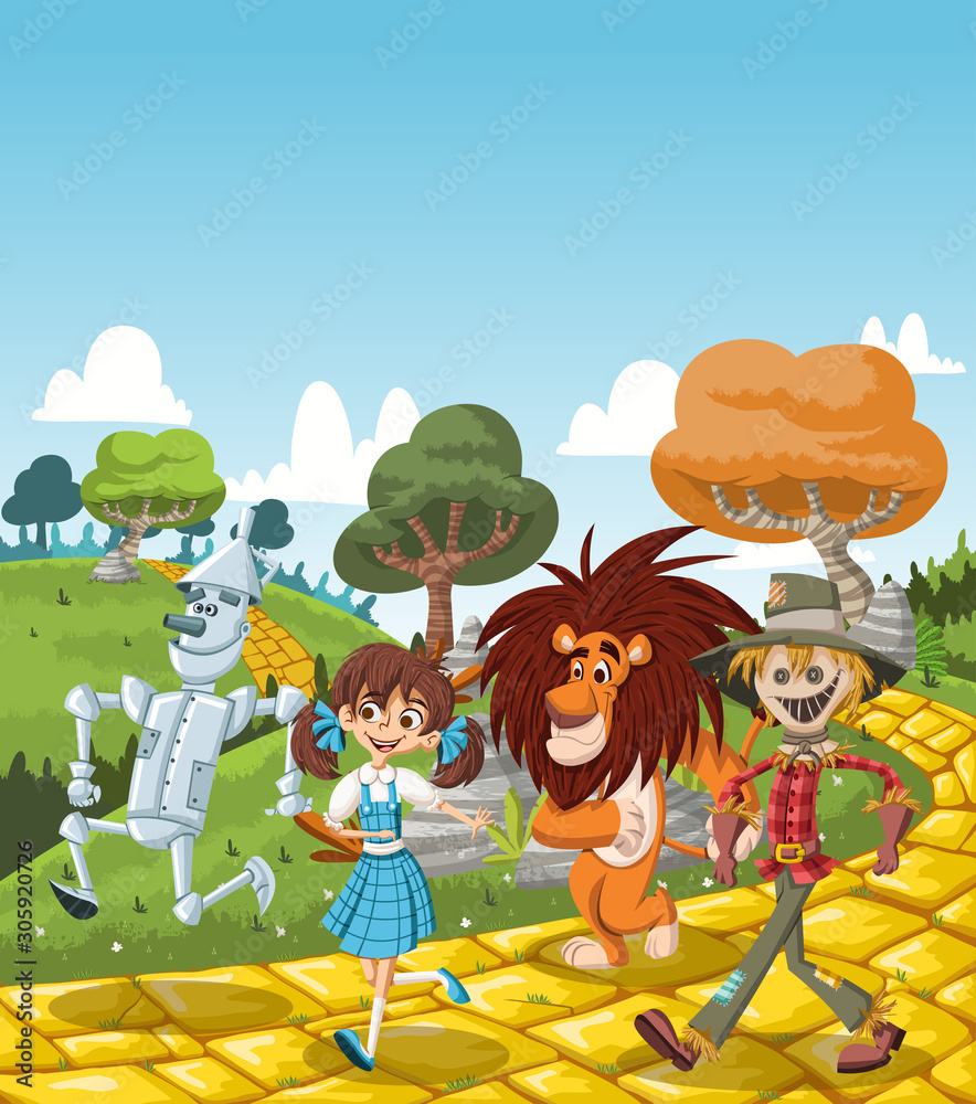 The wizard of oz characters walking on the yellow brick road. Stock Vector | Adobe Stock