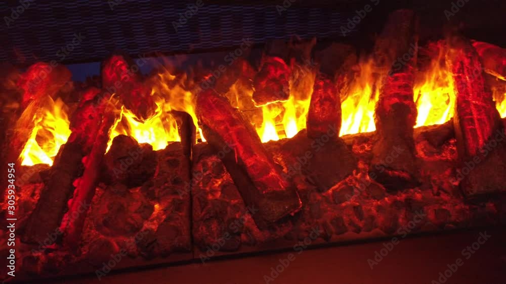 Artificial fireplace with flames of fire made of cold water steam Stock ...