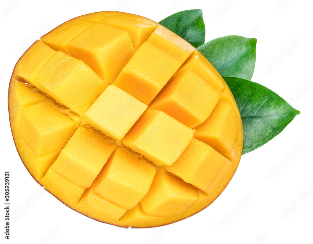 Cross section of mango fruit cut into cubes with a leaf. File contains ...