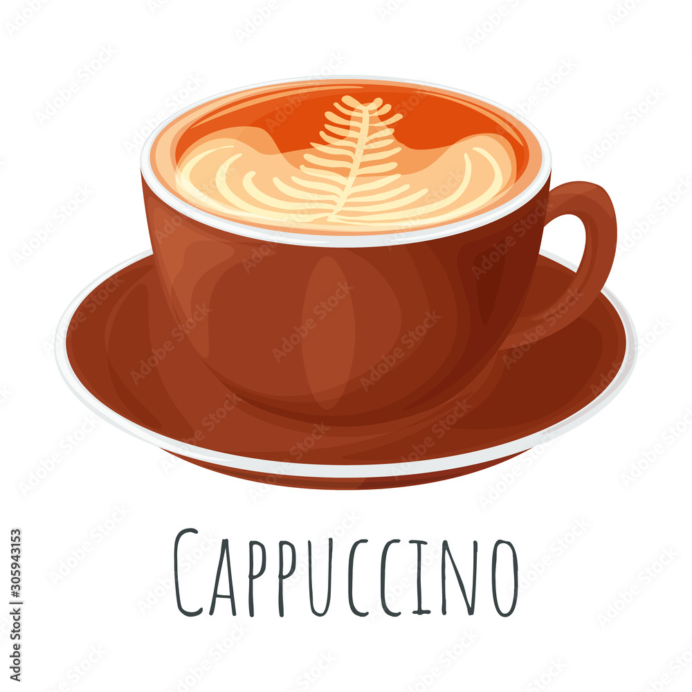 Cappuccino coffee cartoon style vector illustration, isolated realistic ...